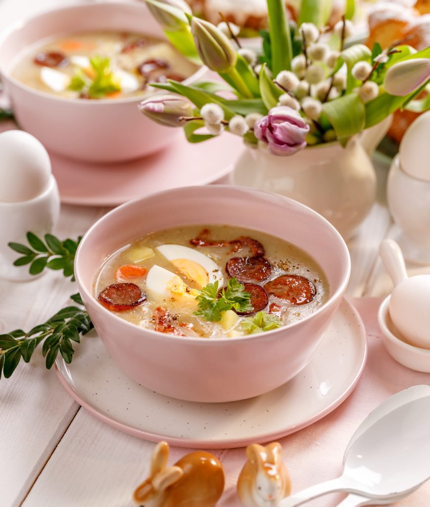 The sour soup (Żurek), polish Easter soup with the addition of ...