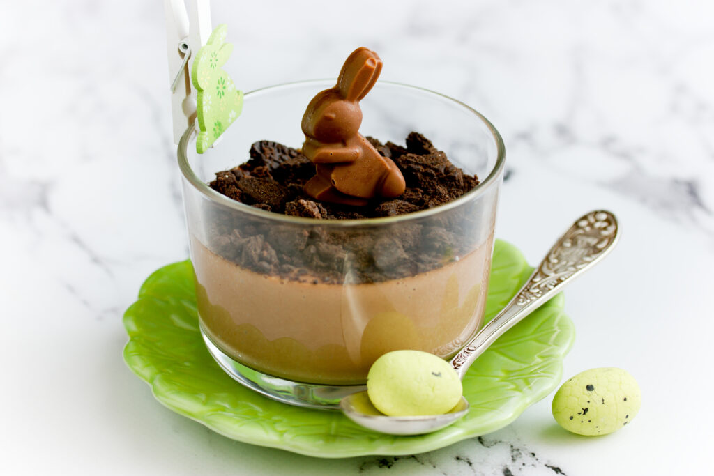 Easter treat idea chocolate mousse dessert in glass with chocolate ...